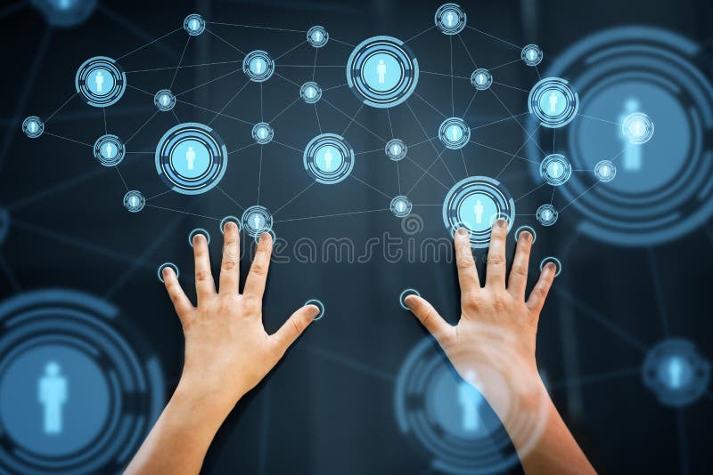 Hands Using Interactive Panel with Network Icons Stock Image - Image of ...