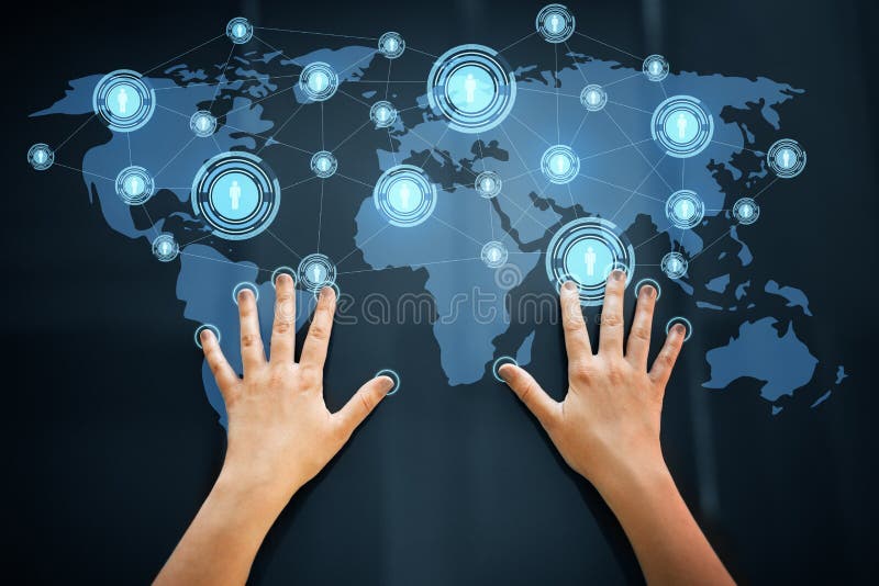 Hands Using Interactive Panel with Network Icons Stock Photo - Image of ...