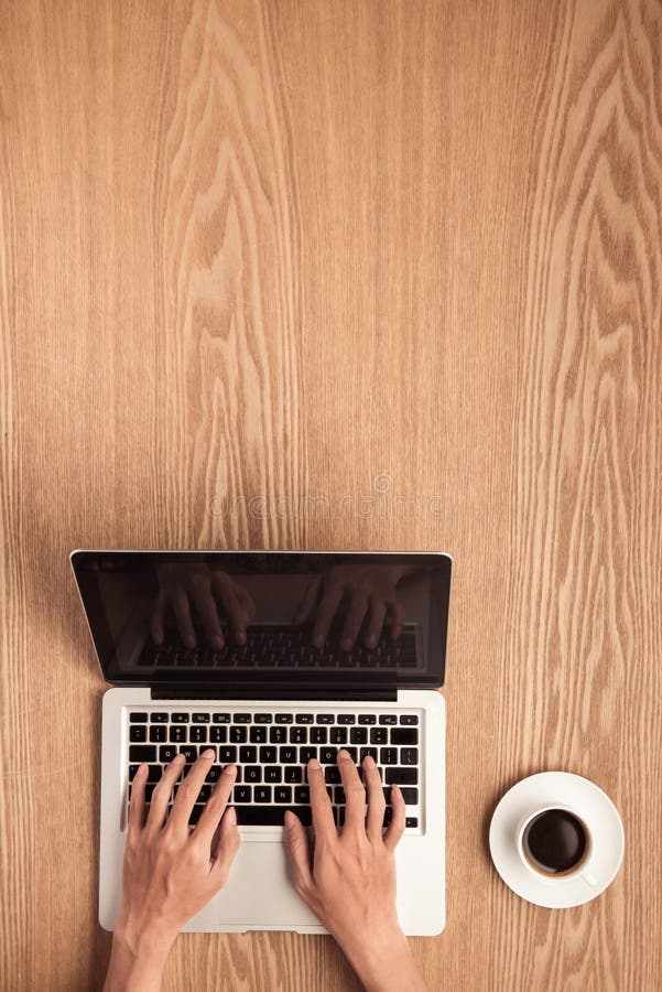 Hands Using Laptop with Coffee Mug Top View Shot. Stock Photo - Image ...