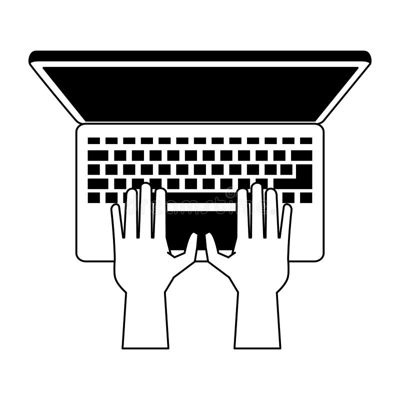 Hands Using Laptop Computer Cartoon in Black and White Stock Vector ...