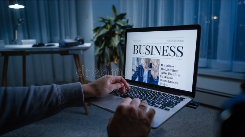 Hands Using a Laptop Computer at Night or in the Dark, with a Business ...