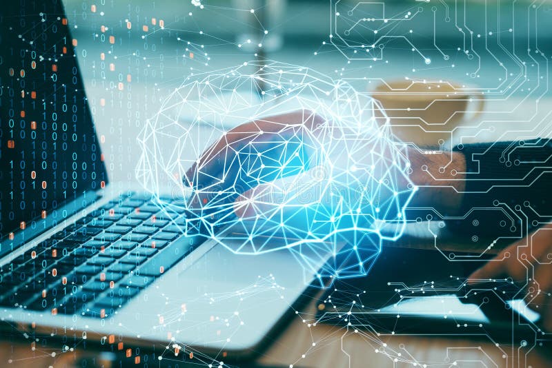Hands Using Laptop with Digital Brain Interface Stock Illustration ...