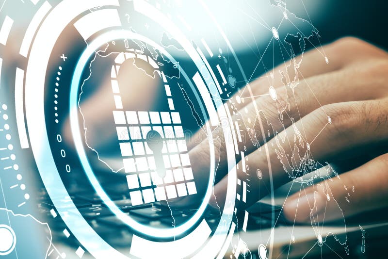 Hands Using Laptop Pc with Creative Glowing Digital Padlock Interface ...