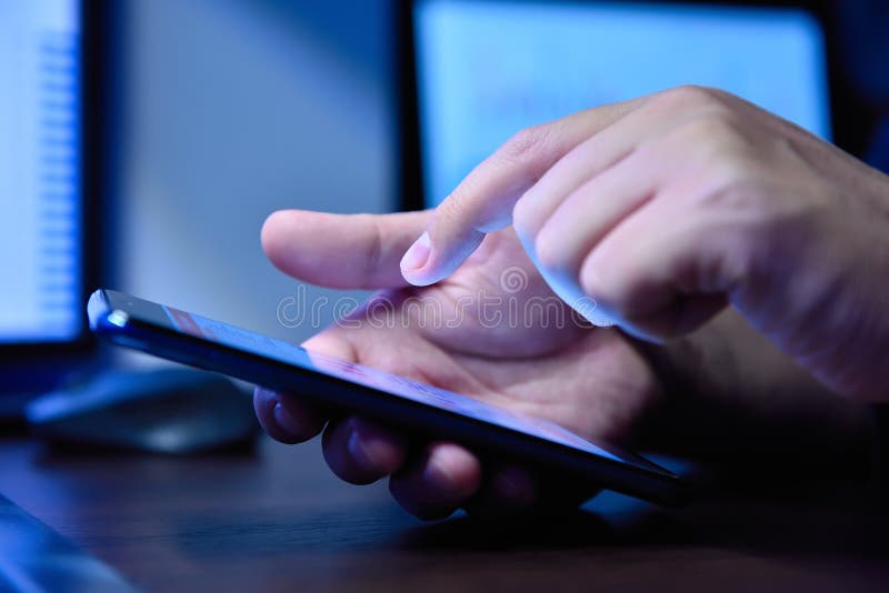Hands Using Mobile Phone in Hight Office Stock Image - Image of ...