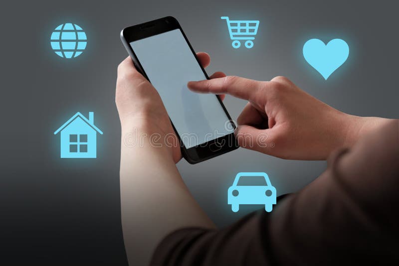 Hands Using Mobile Phone with Illuminated Light Blue Icons Stock Image ...