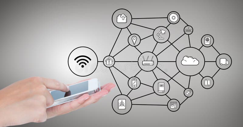 Hands Using Mobile Phone and Network Connecting Icons Against Grey ...