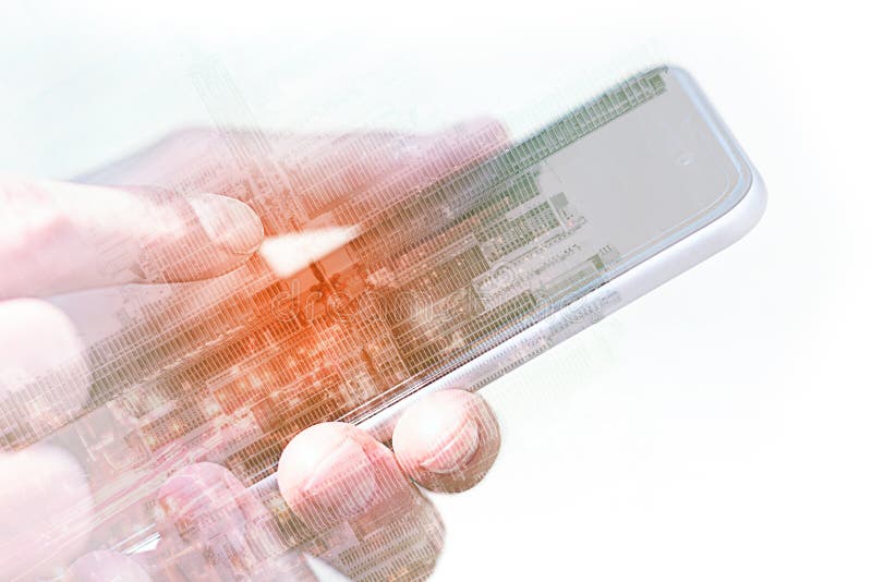 Hands Using Mobile Phone / Smartphone Closeup with City Skyline Double ...