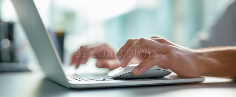 The Hands Using a Mouse while Typing on a Laptop Keyboard in a Modern ...