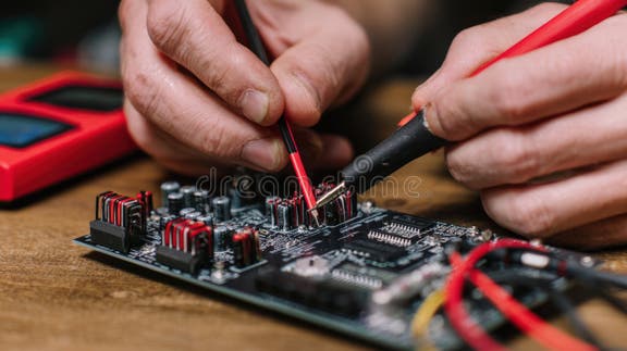 First-person View of Hands Testing Circuit Board with Multimeter Probes ...
