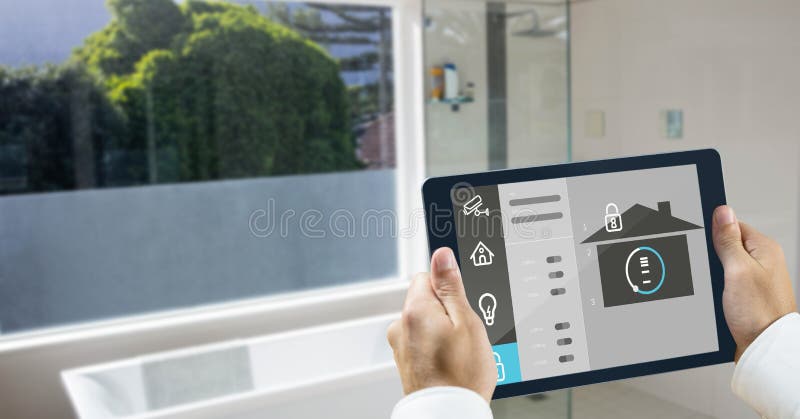 Hands Using Smart Home Application on Tablet PC Stock Photo - Image of ...