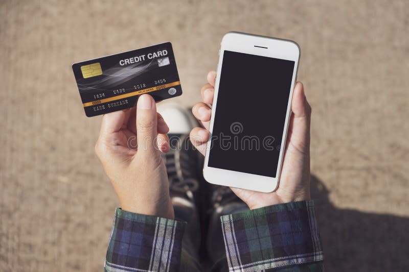 Hands Using Smart Phone with Blank Screen and Holding Credit Card Stock ...