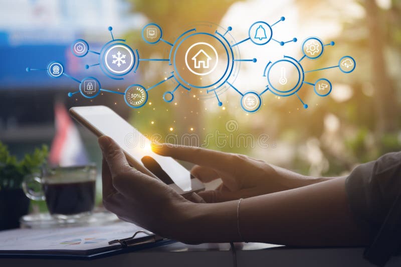 Hands Using Smart Phone for Home Application Stock Photo - Image of ...