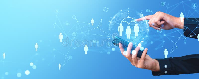 Hands Using a Smartphone with a Digital Network of People Icons in the ...