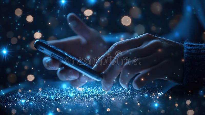 Hands Using Smartphone, Glowing Particles, Dark Night Scene Stock ...