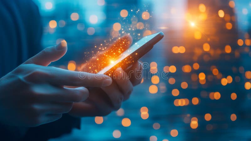 Hands Using Smartphone with Sparkling Lights in Background Stock ...