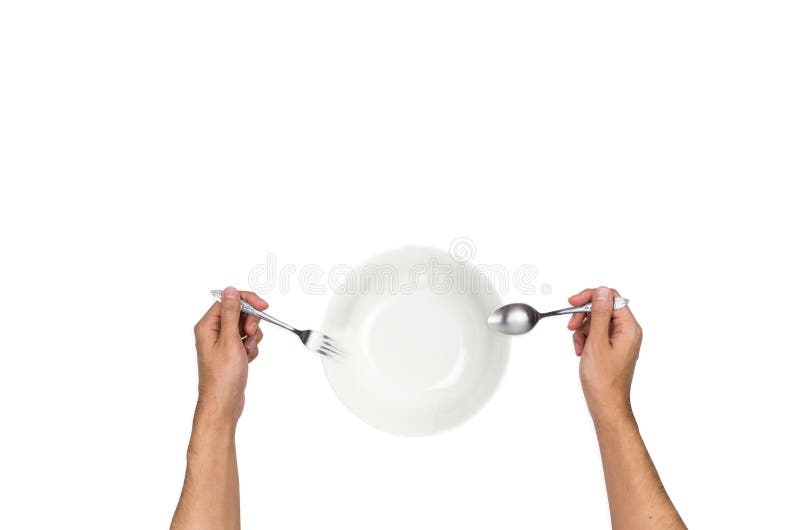Hands Using Spoon and Fork on White Background Stock Image - Image of ...