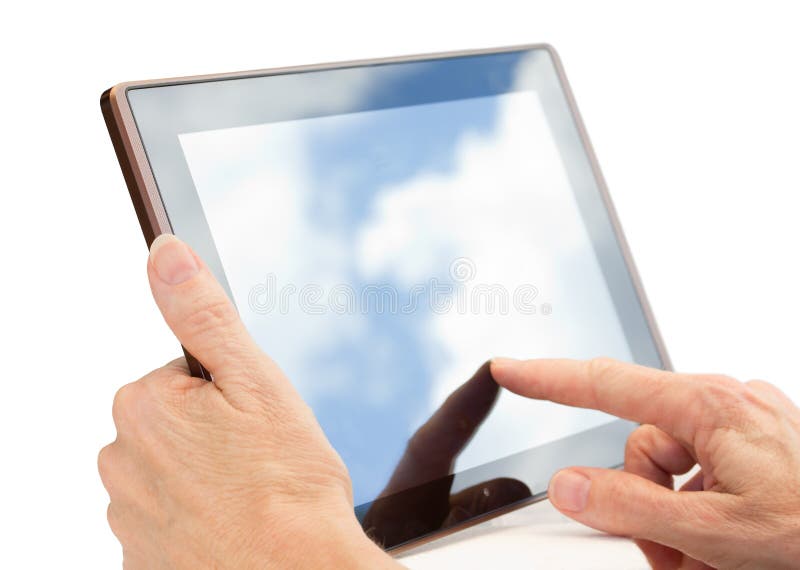 Hands Using a Tablet Computer Isolated on White Stock Image - Image of ...