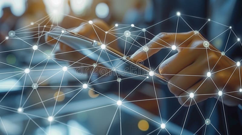 Hands Using Tablet with Digital Network Overlay Stock Illustration ...