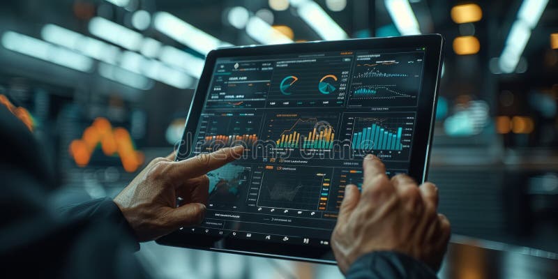 Hands Using a Tablet Displaying Financial Charts and Data Analytics in ...