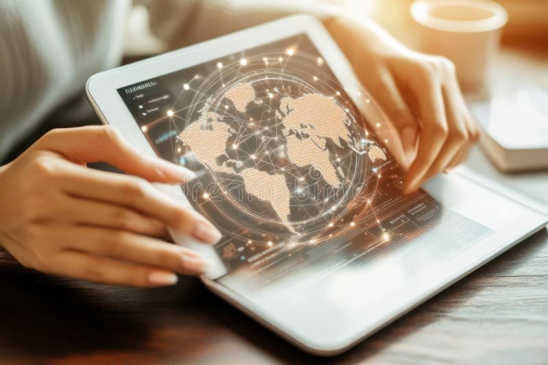Hands Using Tablet Displaying World Map Connected with Glowing Network ...