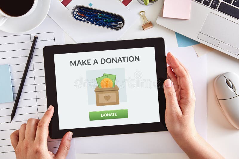 Hands Using Tablet with Donate Concept on Screen Stock Image - Image of ...