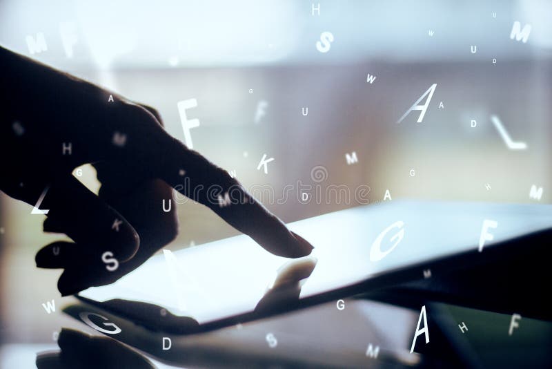 Hands Using Tablet with Letters Stock Image - Image of information ...