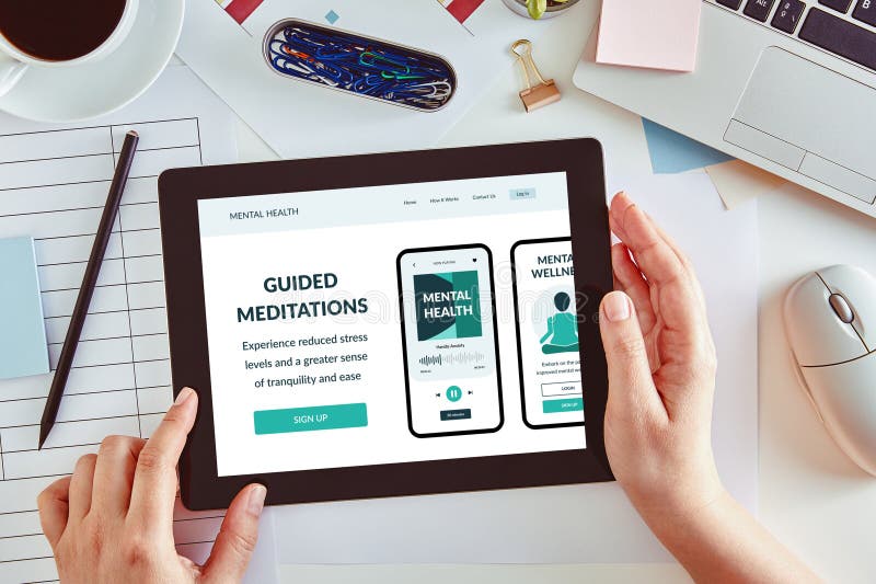 Hands Using Tablet with Meditation App on Screen Stock Photo - Image of ...