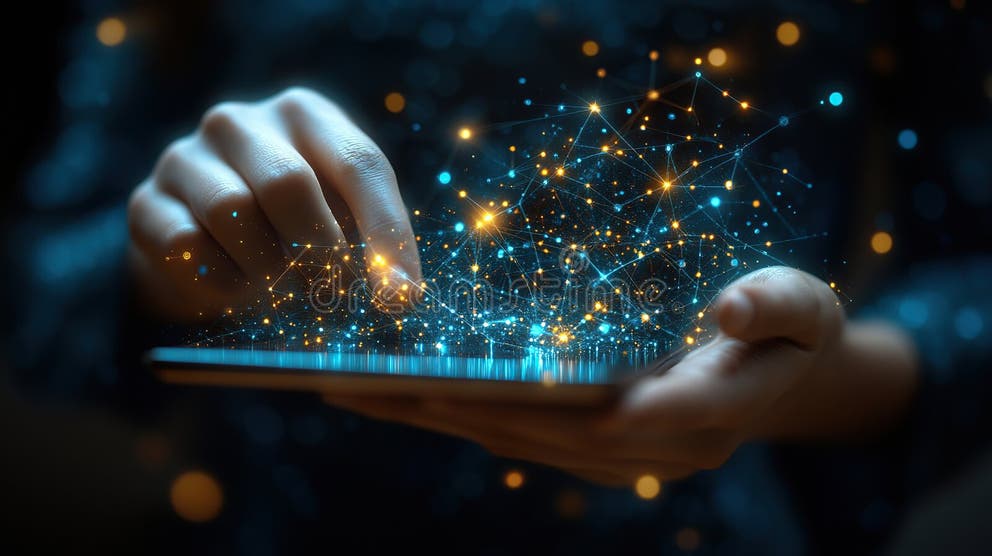 Hands Using Tablet, Network Data, Dark Background, Digital Interaction ...