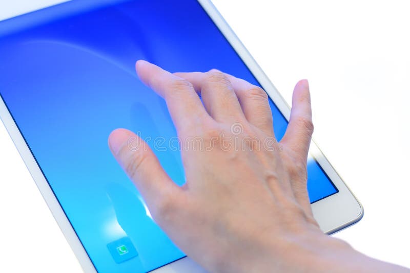 Hands Using Tablet Pc with Blue Screen Focus at Pointer Finger, Stock ...