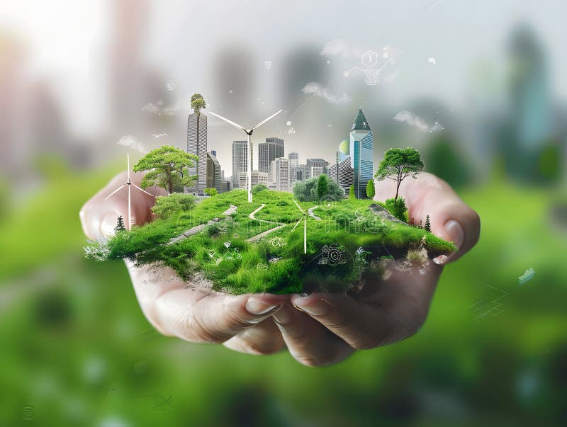 Hands Using Technology of Renewable Resources To Reduce Pollution and ...