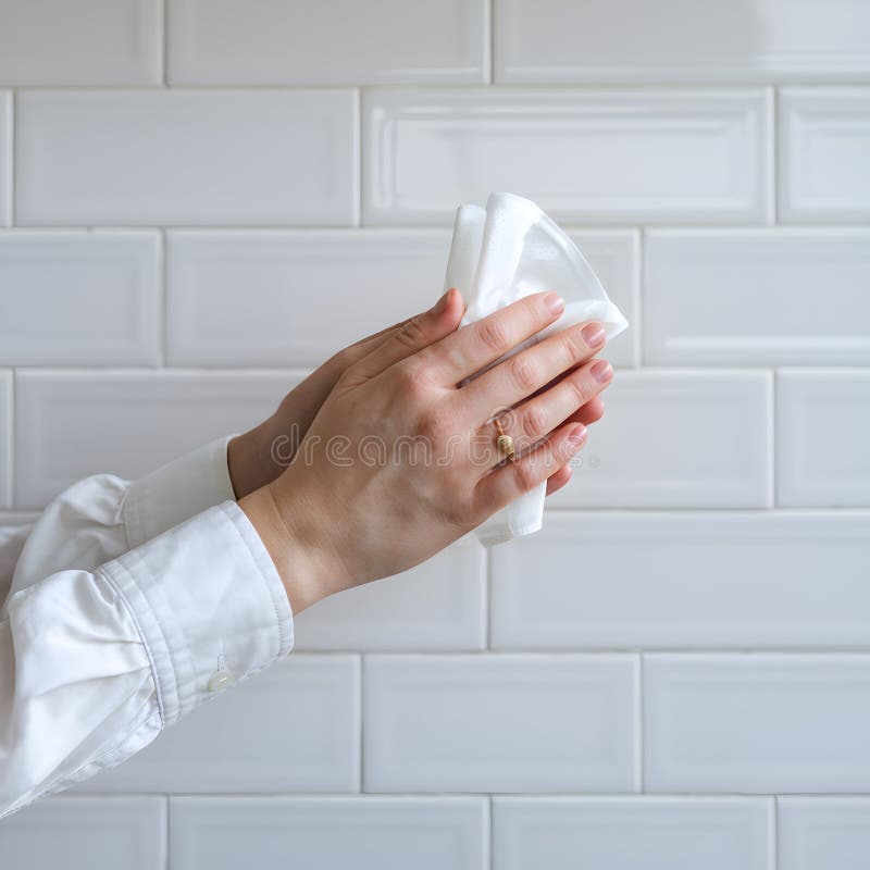 Hands Using Tissue Against Pristine Tiled Background, Emphasizing ...