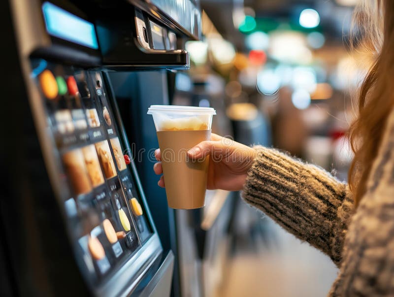 Hands Using a Vending Machine, Coffee Cups, Interior Setting, Neutral ...