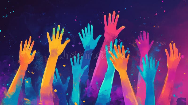 Hands of Various Colors Uplifted in Celebration during a Joyful ...