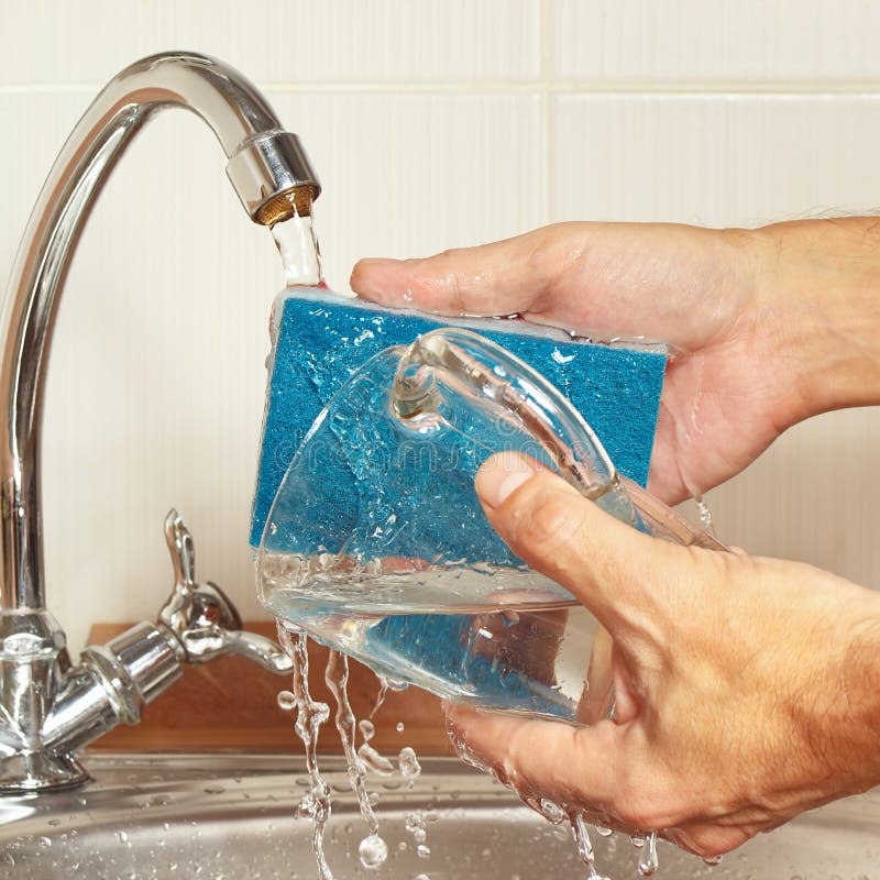 Hands Wash the Dirty Glass Under Running Water in Kitchen Stock Photo ...
