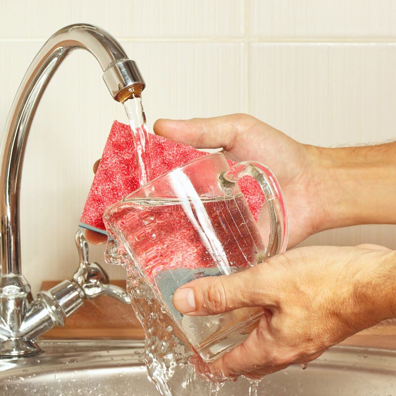 Hands Wash the Glass Over the Sink in Kitchen Stock Photo - Image of ...