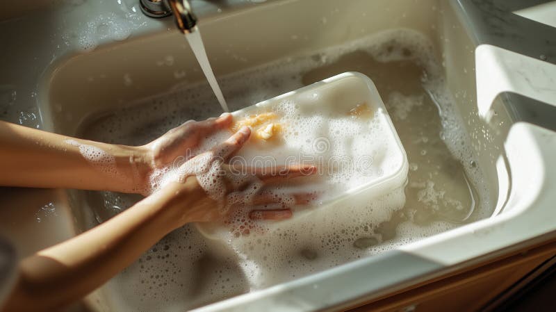 Hands Washing a Plastic Container in Soapy Water in a Kitchen Sink ...