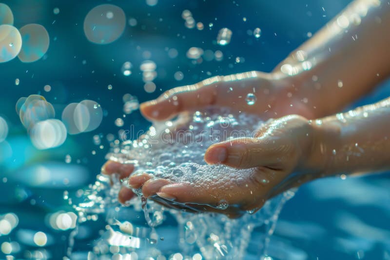 Hands Washing Under Water with Soap, Visualized Viruses Floating Around ...