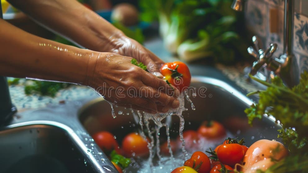 Hands Washing Vegetables at a Kitchen Sink, Generative AI Stock ...