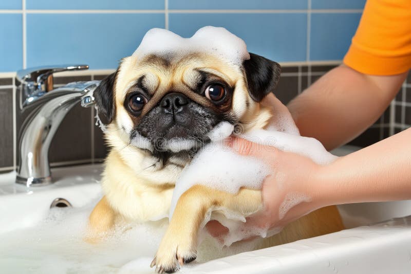 Hands Washing a Wet and Adorable Pug Stock Illustration - Illustration ...