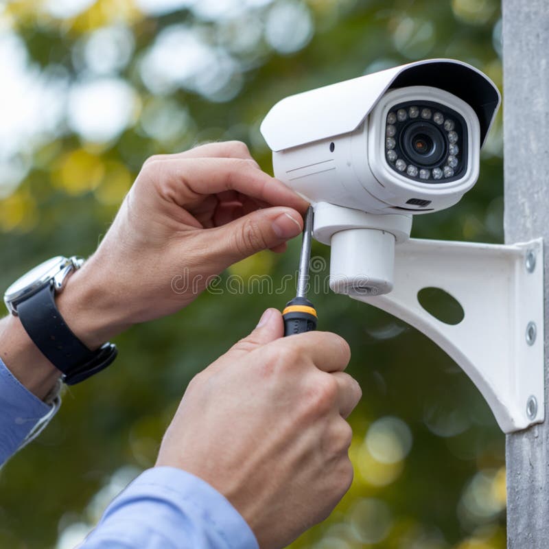 Hands with Watch Install Security Camera on White Bracket, Greenery in ...