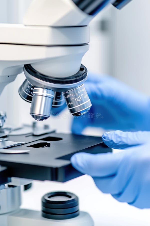 Close-up of Hands in Blue Gloves Using Microscope in Laboratory To ...