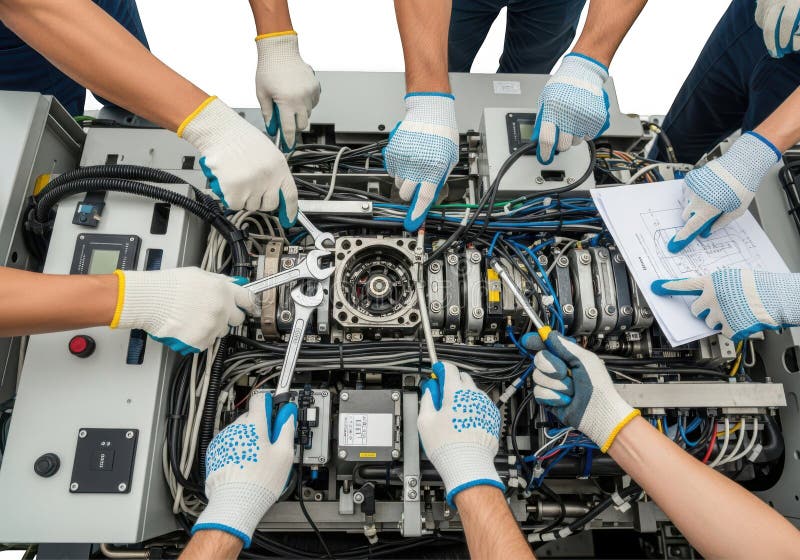Hands Wearing Gloves Work Together on Complex Electronic Machinery Assembling a Circuit Board ...