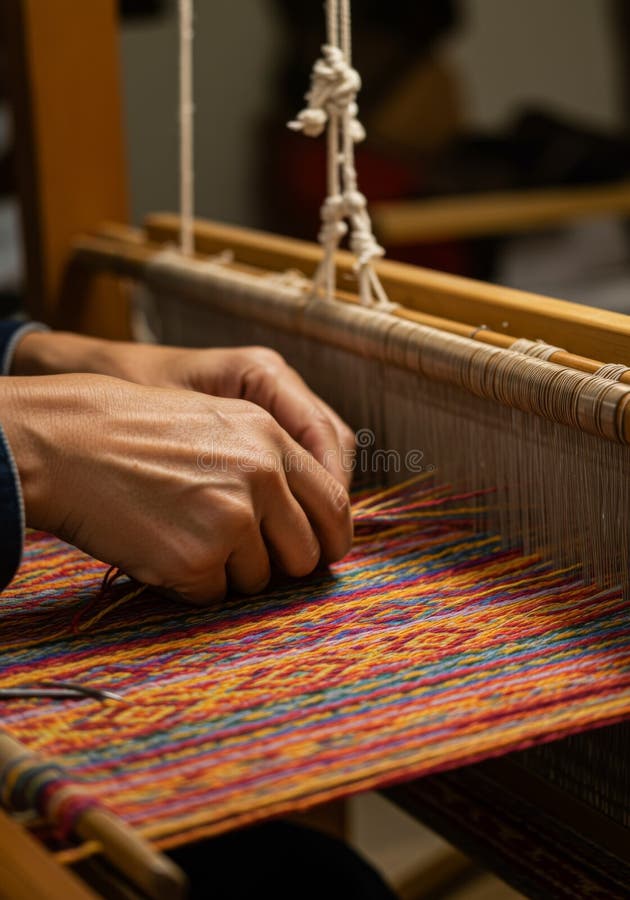 Hands Weaving Colorful Textile on Wooden Loom Stock Illustration ...