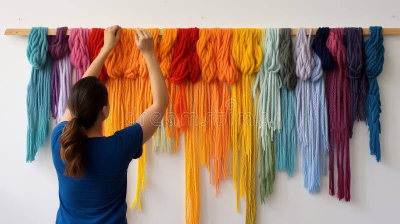 Hands Weaving a Colorful Yarn Wall Hanging Stock Illustration ...