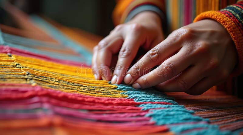 Hands Weaving Vibrant Threads on Traditional Loom in Close-Up ...