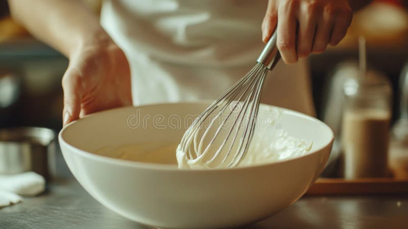 Hands Whisk Creamy Batter in White Bowl Stock Illustration ...