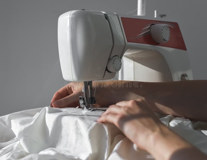 Hands with White Cotton Cloth Work at Sewing Machine, Working Process ...