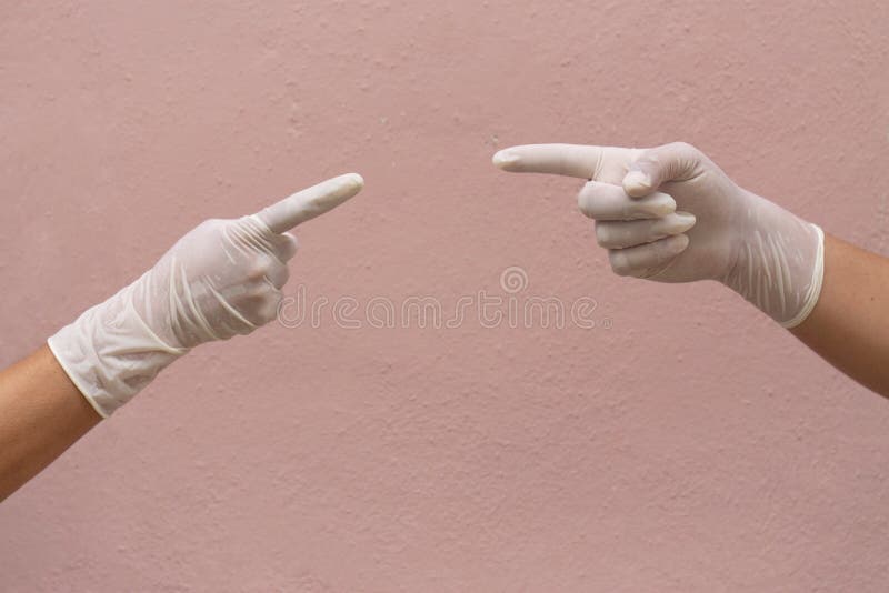Hands in White Plastic Gloves Pointing with Forefingers Stock Photo ...
