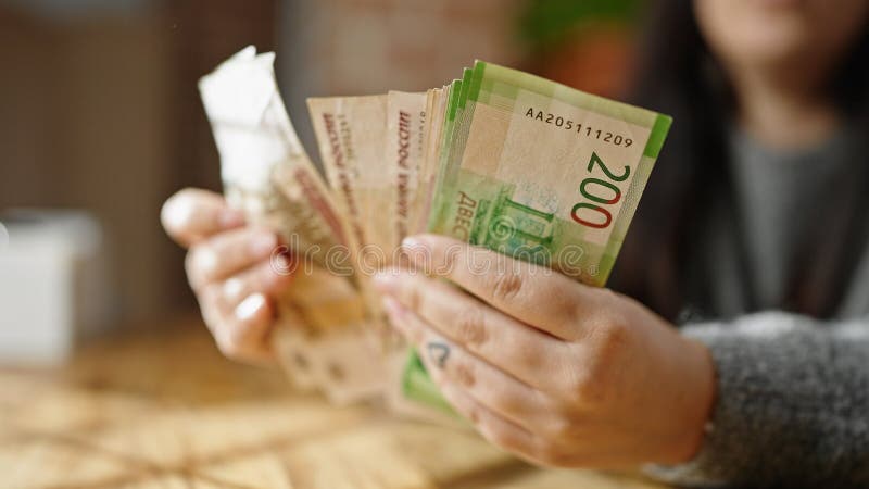 Hands of Woman Counting Russian Ruble Banknotes at Room Stock Image ...