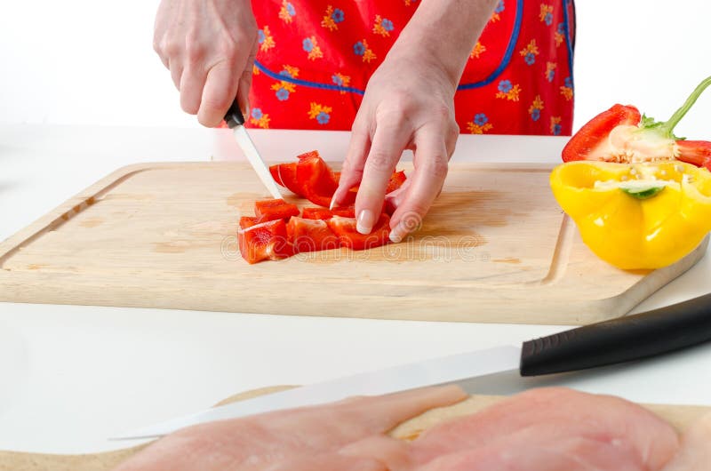 Hands of Woman Cutting Red Pepper Stock Photo - Image of cooking, board ...